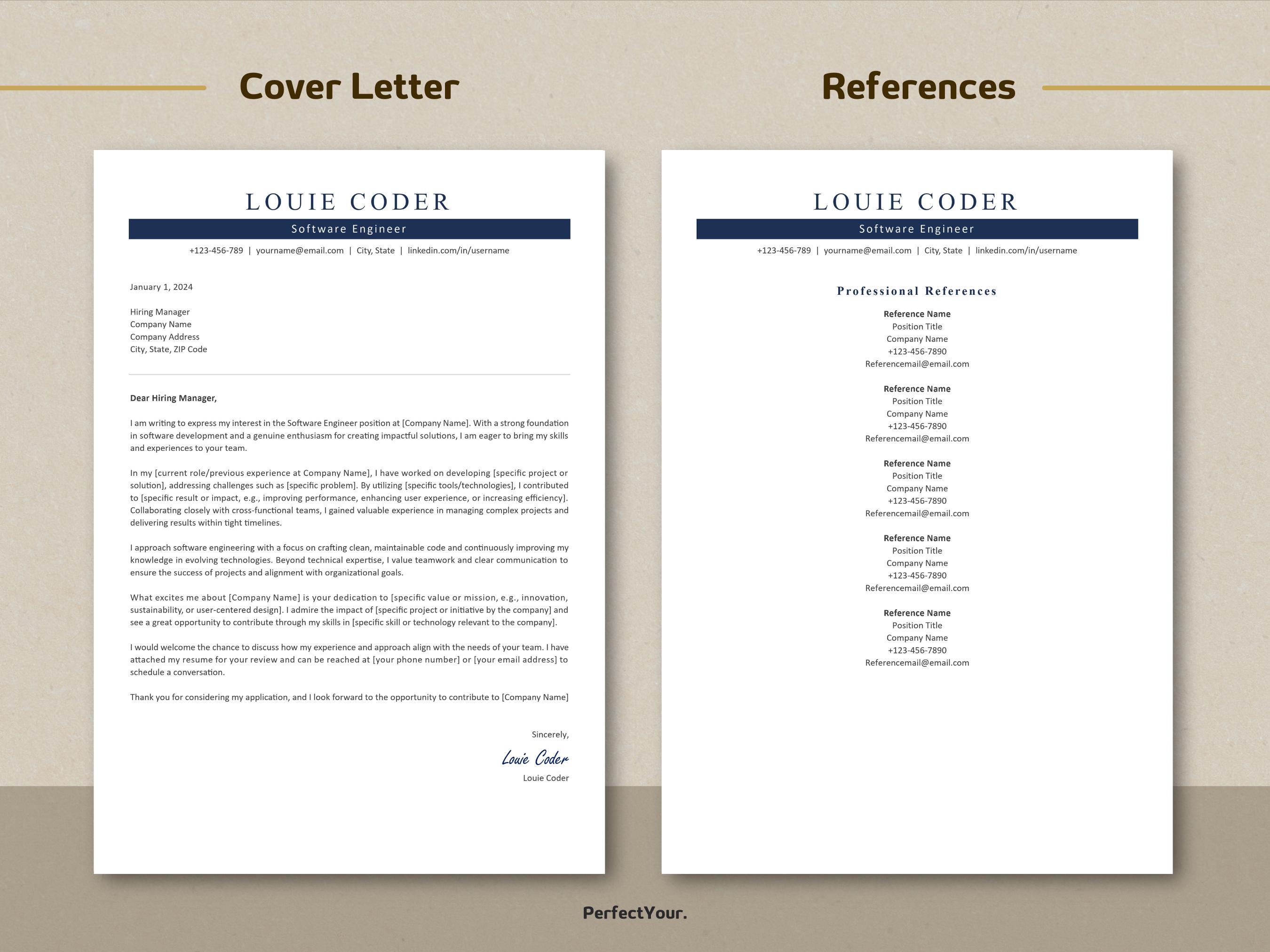 Resume for Software Engineer and Cover Letter, ATS Resume Template Word ...