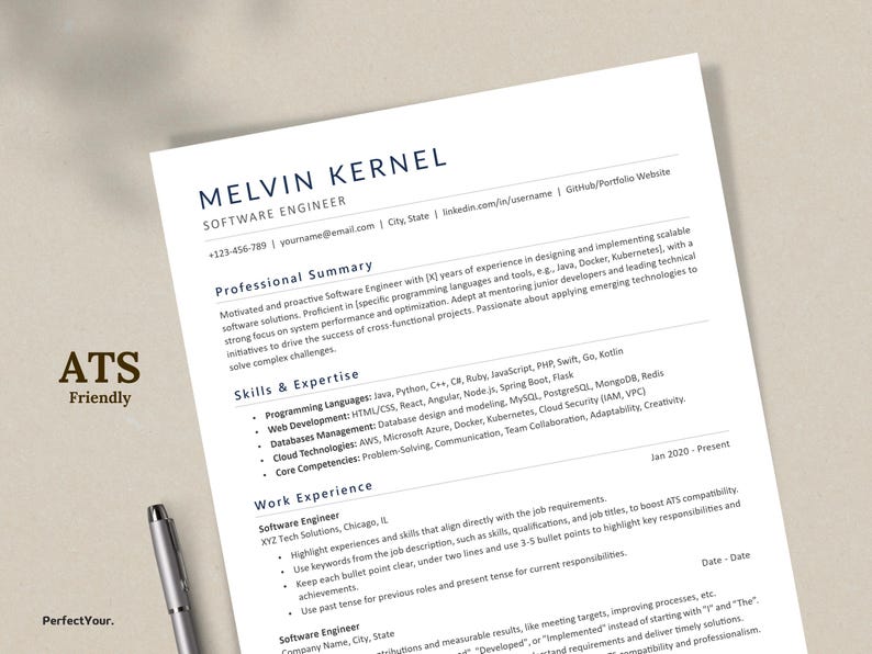 ATS Friendly Software Engineer Resume Template: Professional CV (word ...