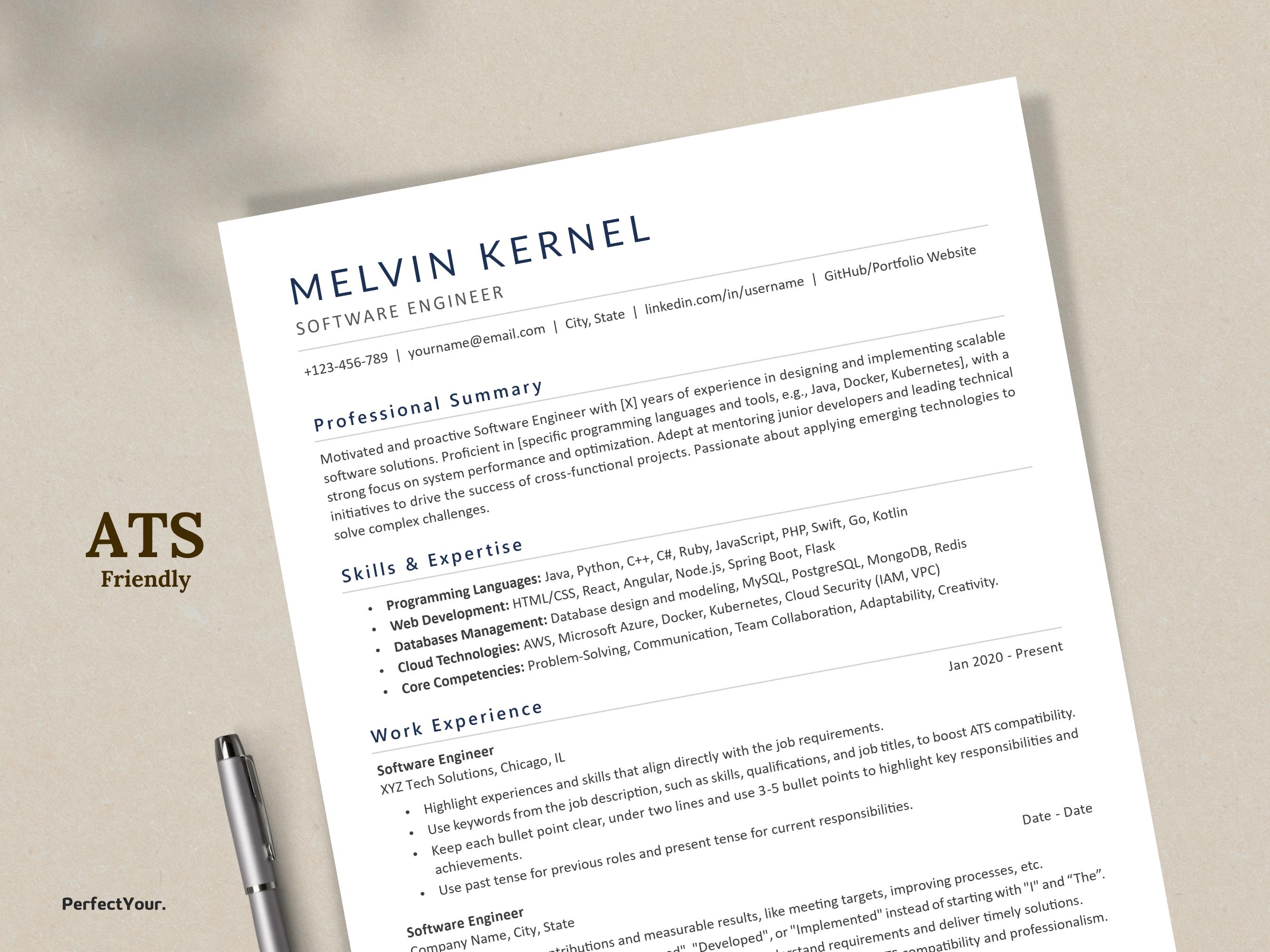 ATS Friendly Software Engineer Resume Template and Cover Letter ...