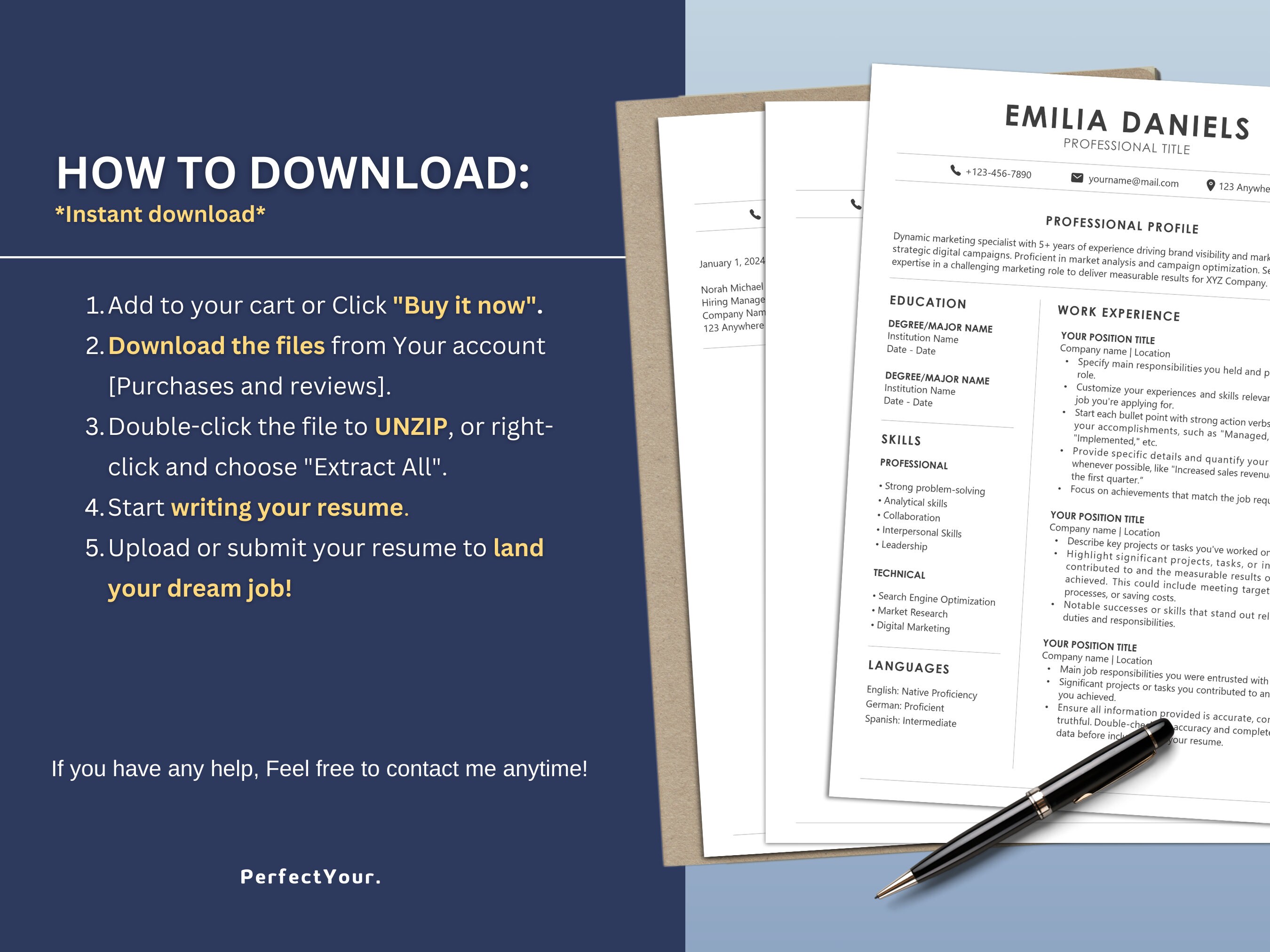 Modern and Clean Resume Template for Microsoft Word CV Template Cover ...
