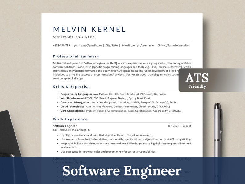 ATS Friendly Software Engineer Resume Template: Professional CV (word ...