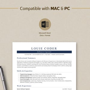 Resume for Software Engineer and Cover Letter, ATS Resume Template Word ...