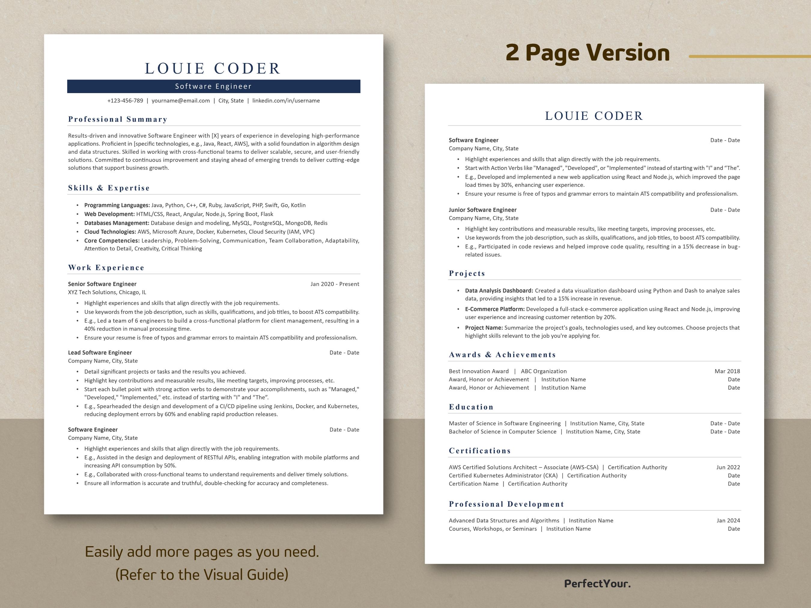 Resume for Software Engineer and Cover Letter, ATS Resume Template Word ...
