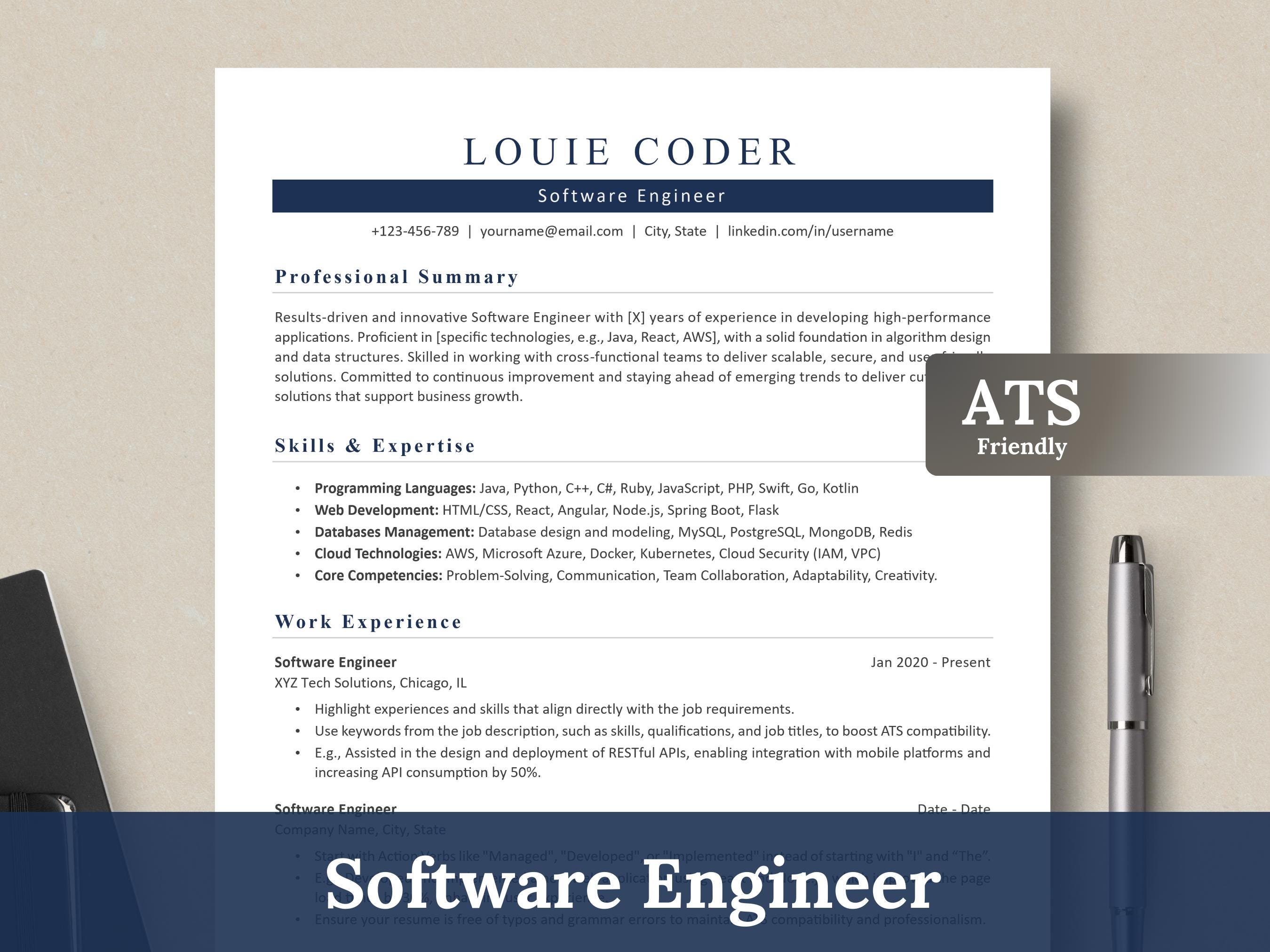 Resume for Software Engineer and Cover Letter, ATS Resume Template Word ...