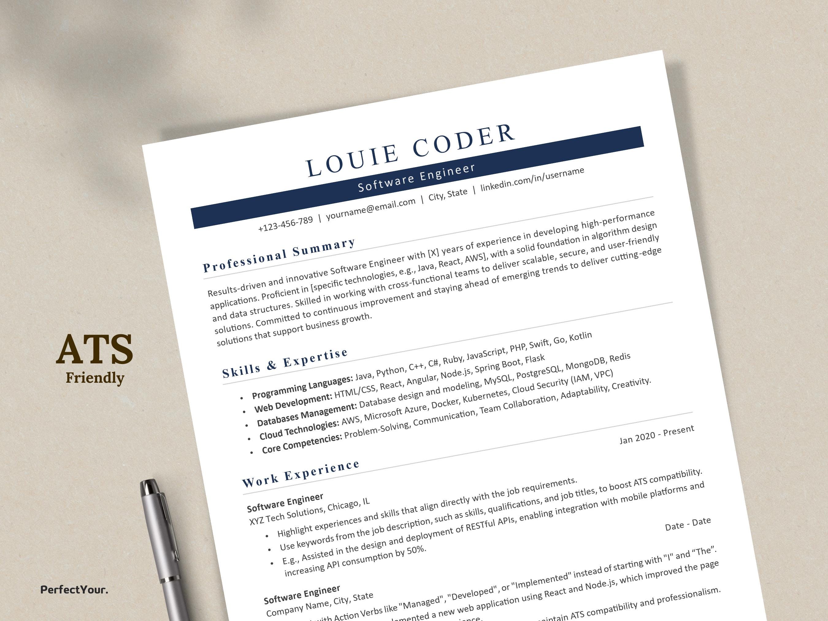 Resume for Software Engineer and Cover Letter, ATS Resume Template Word ...