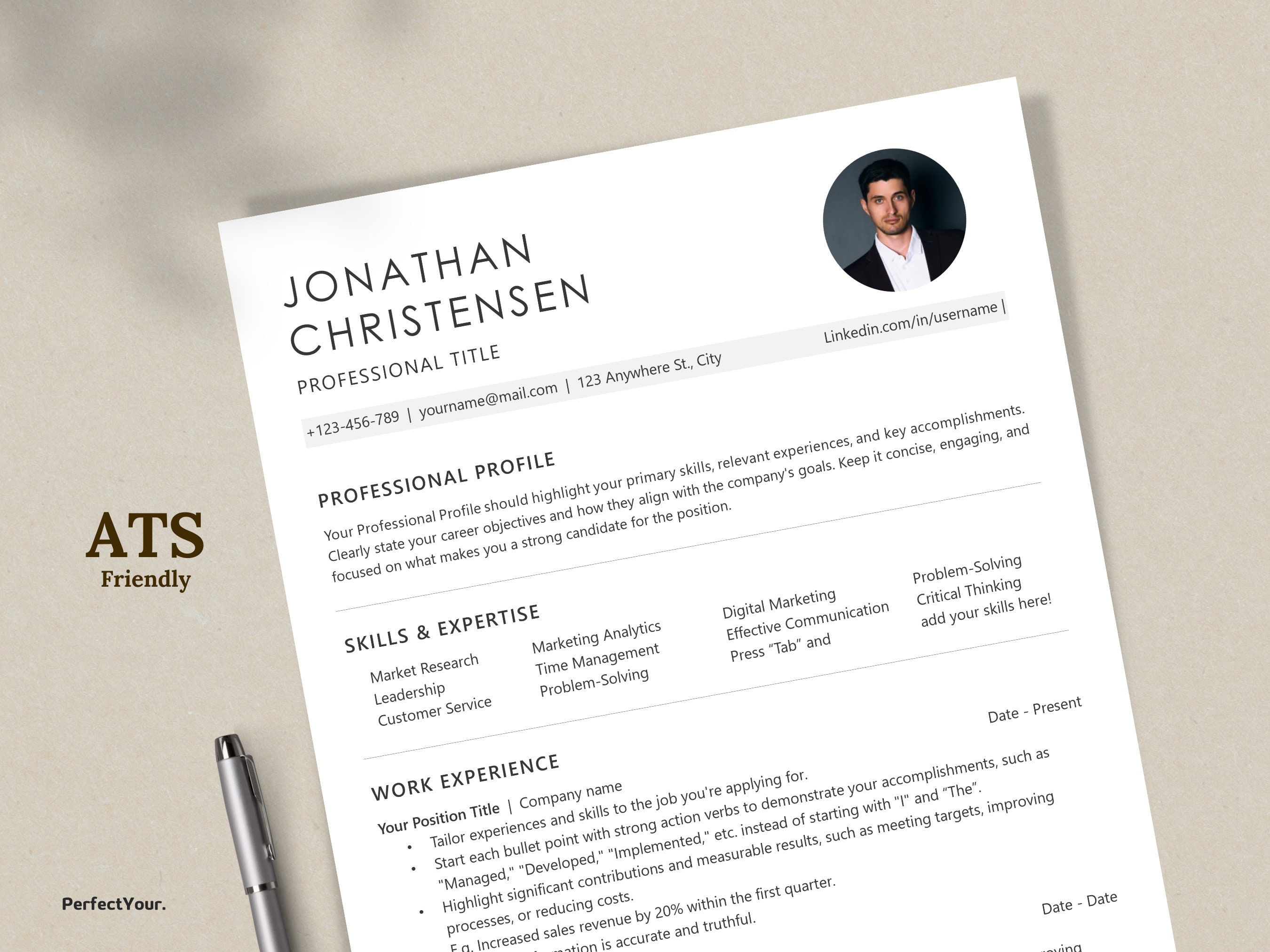 Professional ATS Resume Template With Photo, ATS Friendly CV Templates ...