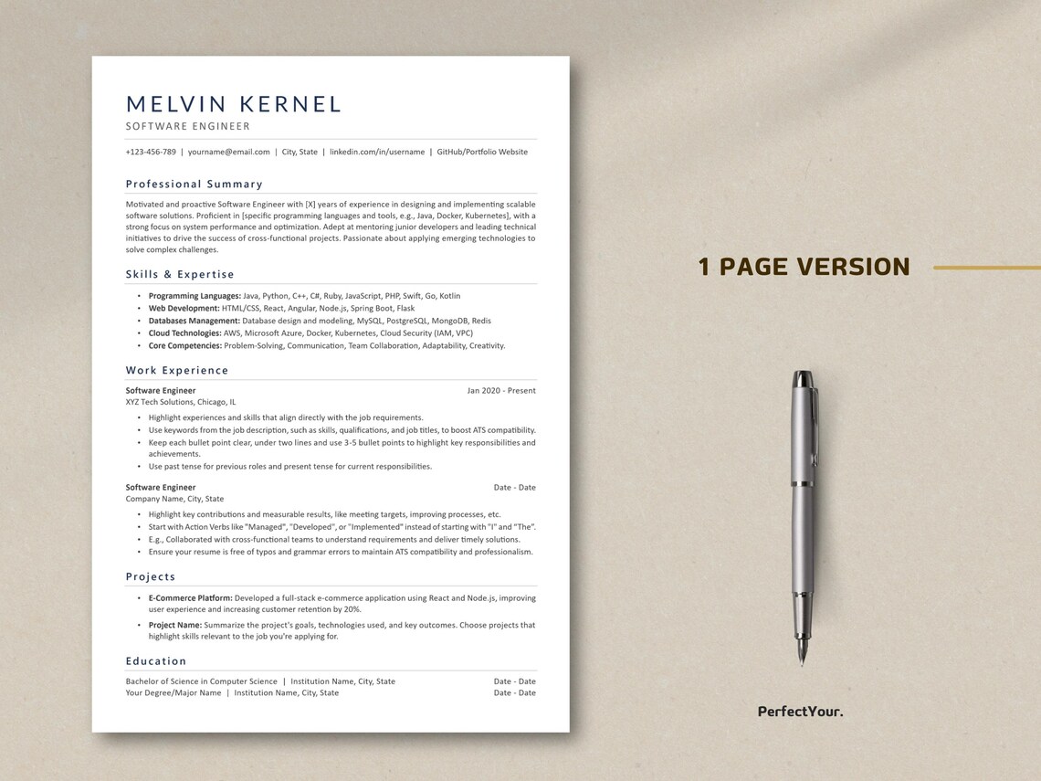 ATS Friendly Software Engineer Resume Template: Professional CV (word ...
