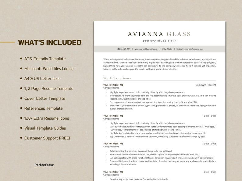 ATS Resume Template, Executive CV, Modern Cover Letter (word Download ...