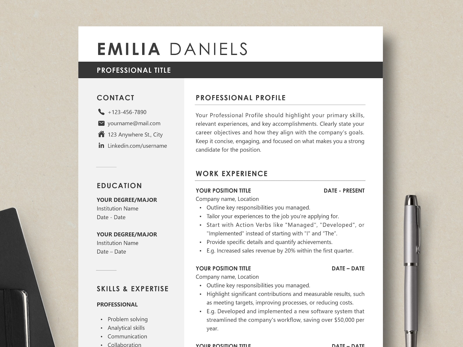 Modern Professional Resume Template for Microsoft Word Modern CV ...