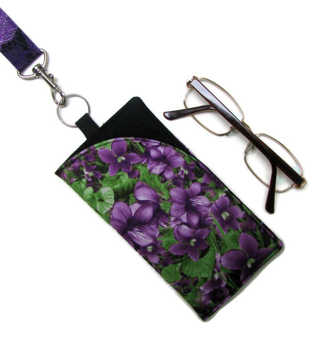 Violet Print Eyeglass Case, Lanyard Holder, Padded Cotton - Etsy