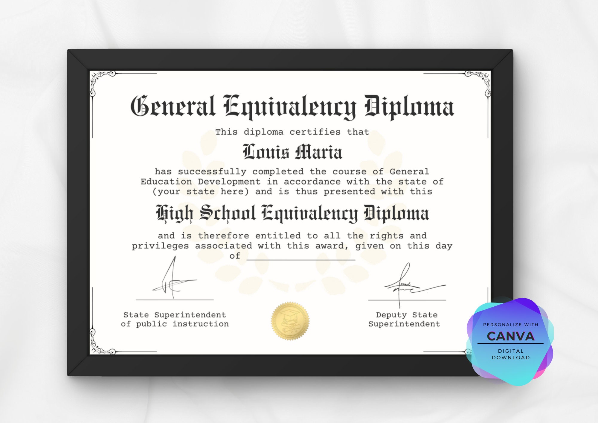 Diploma Template, Editable Diploma, GED Diploma With Gold Seal, School ...