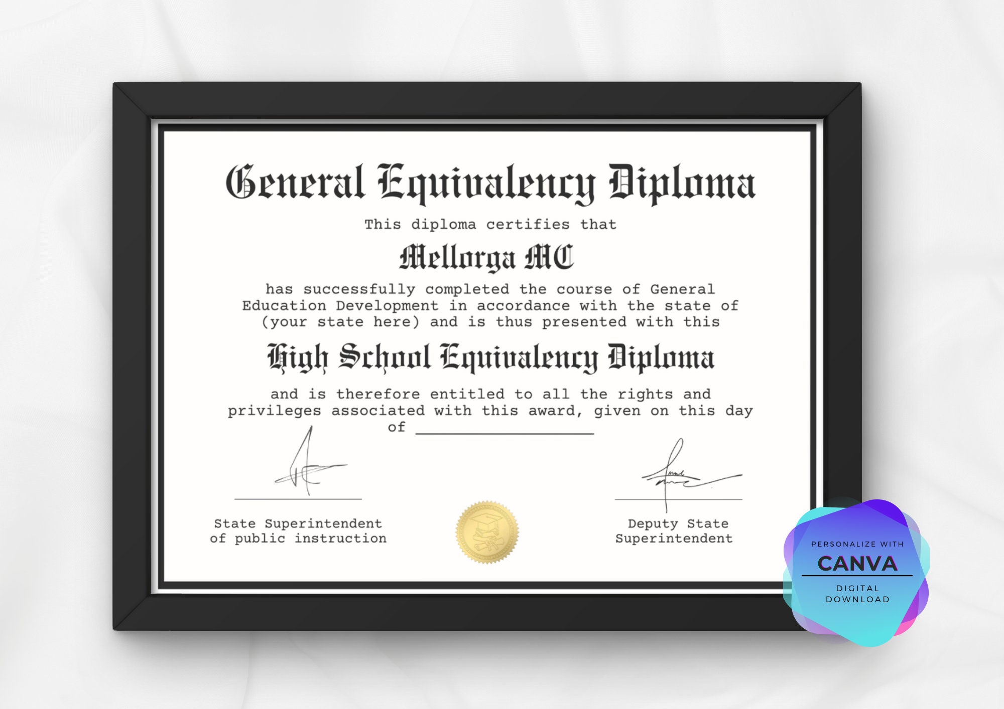 Diploma Template, Editable Diploma, GED Diploma With Gold Seal, School ...