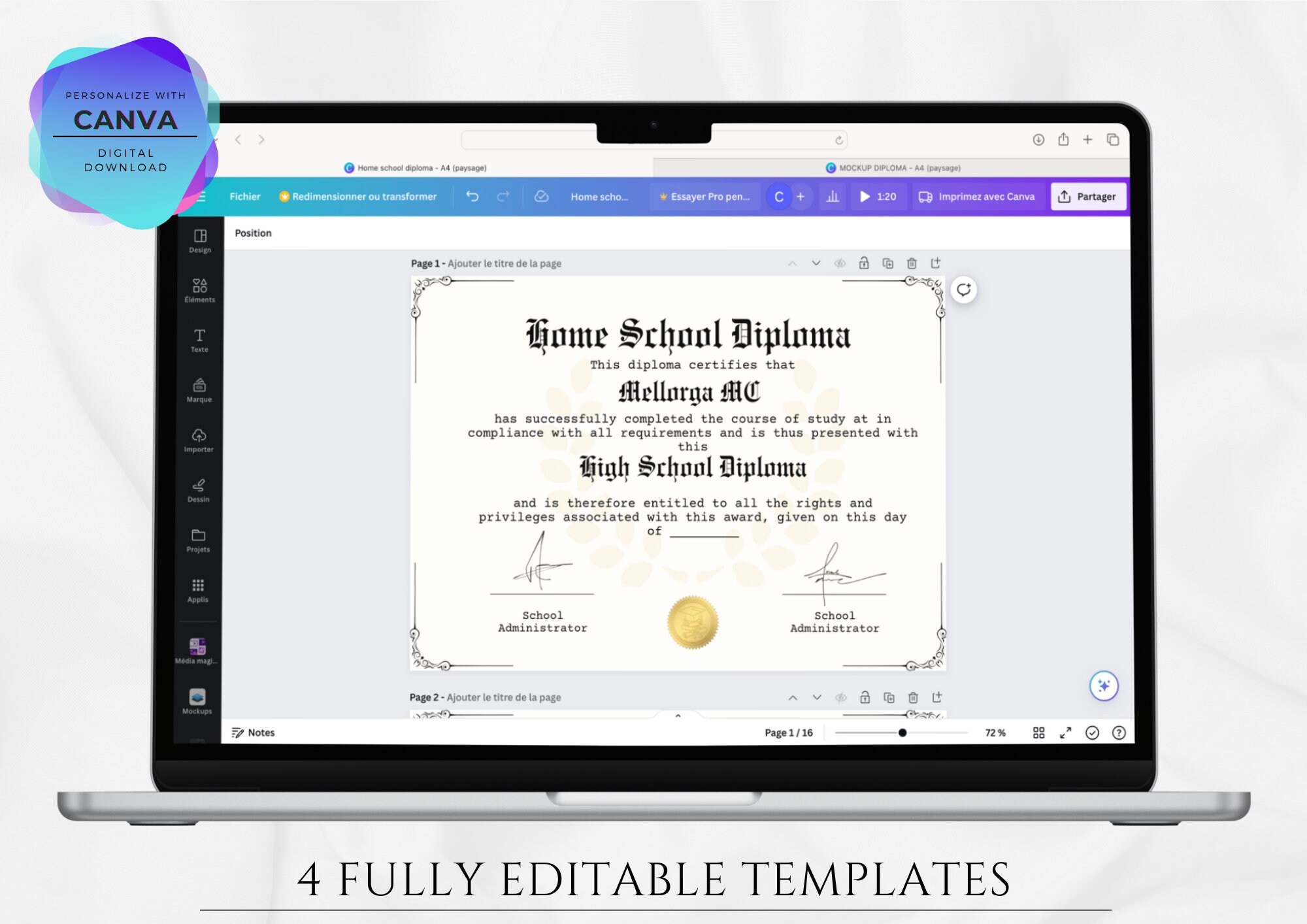 Diploma Template, Editable Diploma, High School Diploma With Gold Seal ...