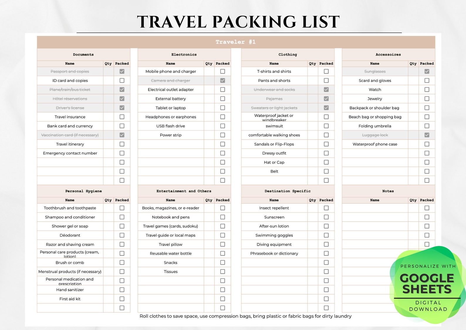 Printable Travel Packing List, Editable Travel List Template, Packing ...