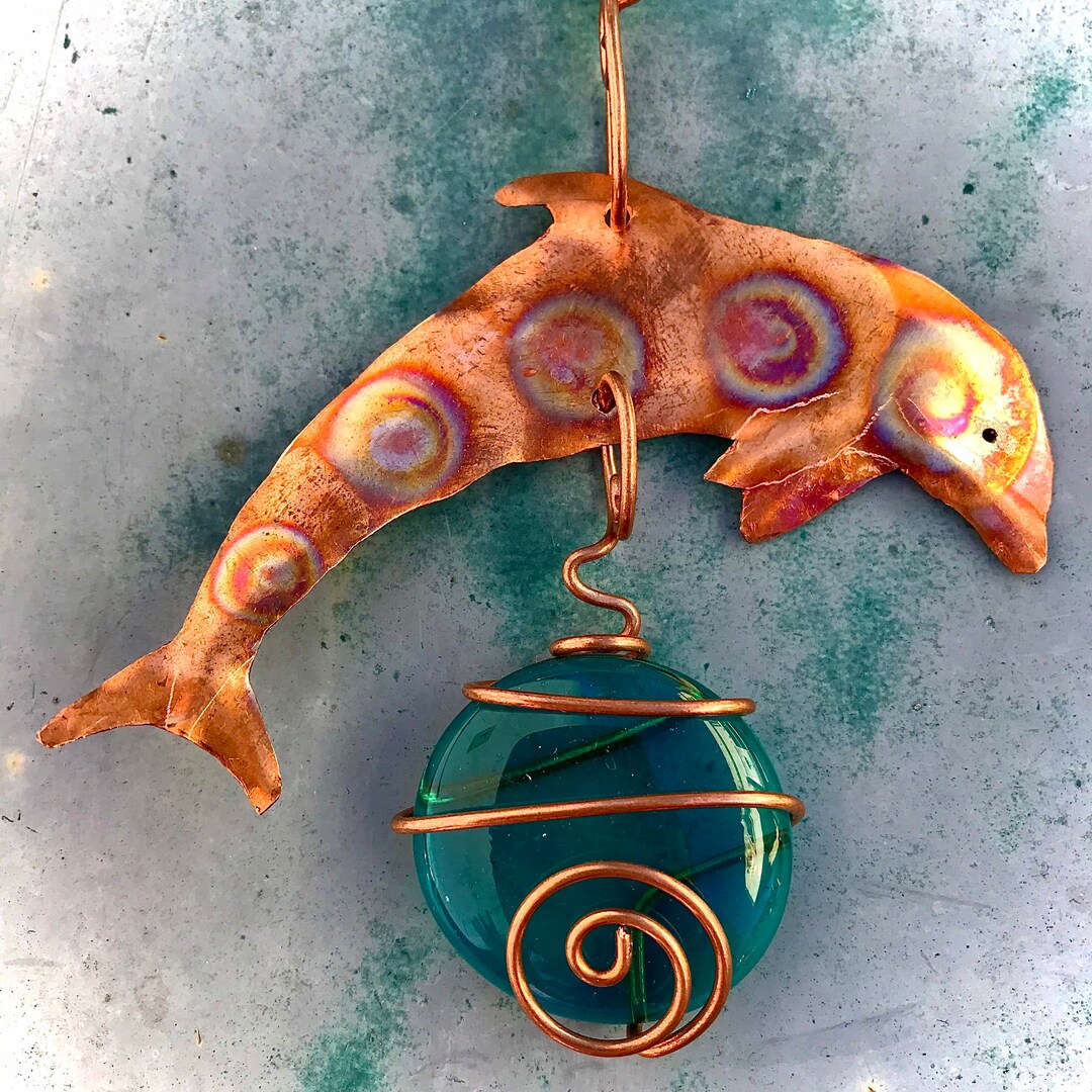 Recycled Copper Dolphin Suncatcher: Handmade Window Hanging With Glass ...