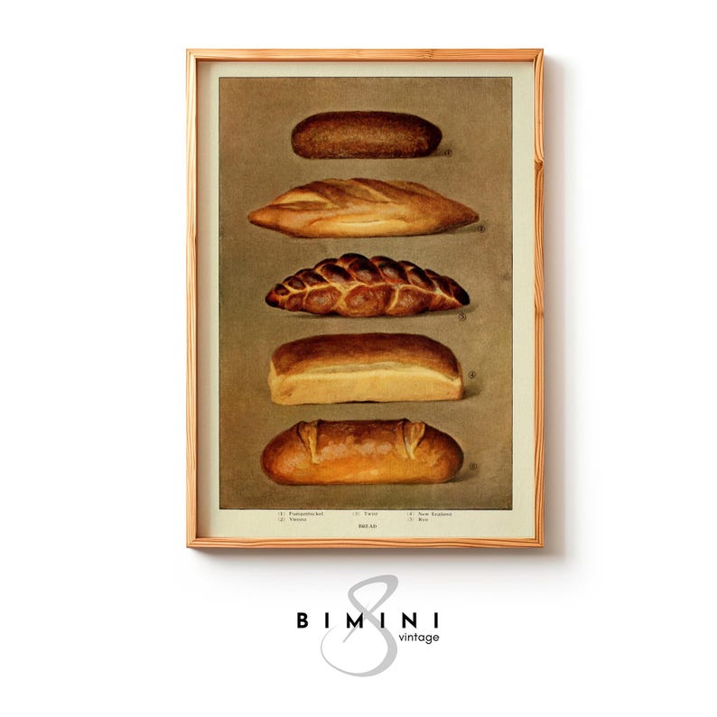 Types of Bread Vintage Illustration Poster, Kitchen Wall Art Decoration ...