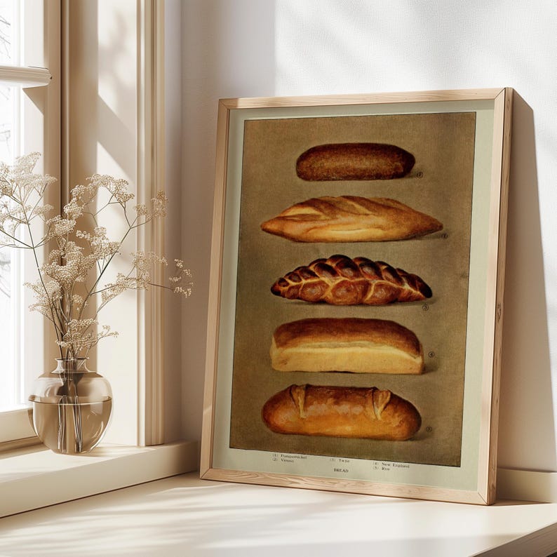 Types of Bread Vintage Illustration Poster, Kitchen Wall Art Decoration ...