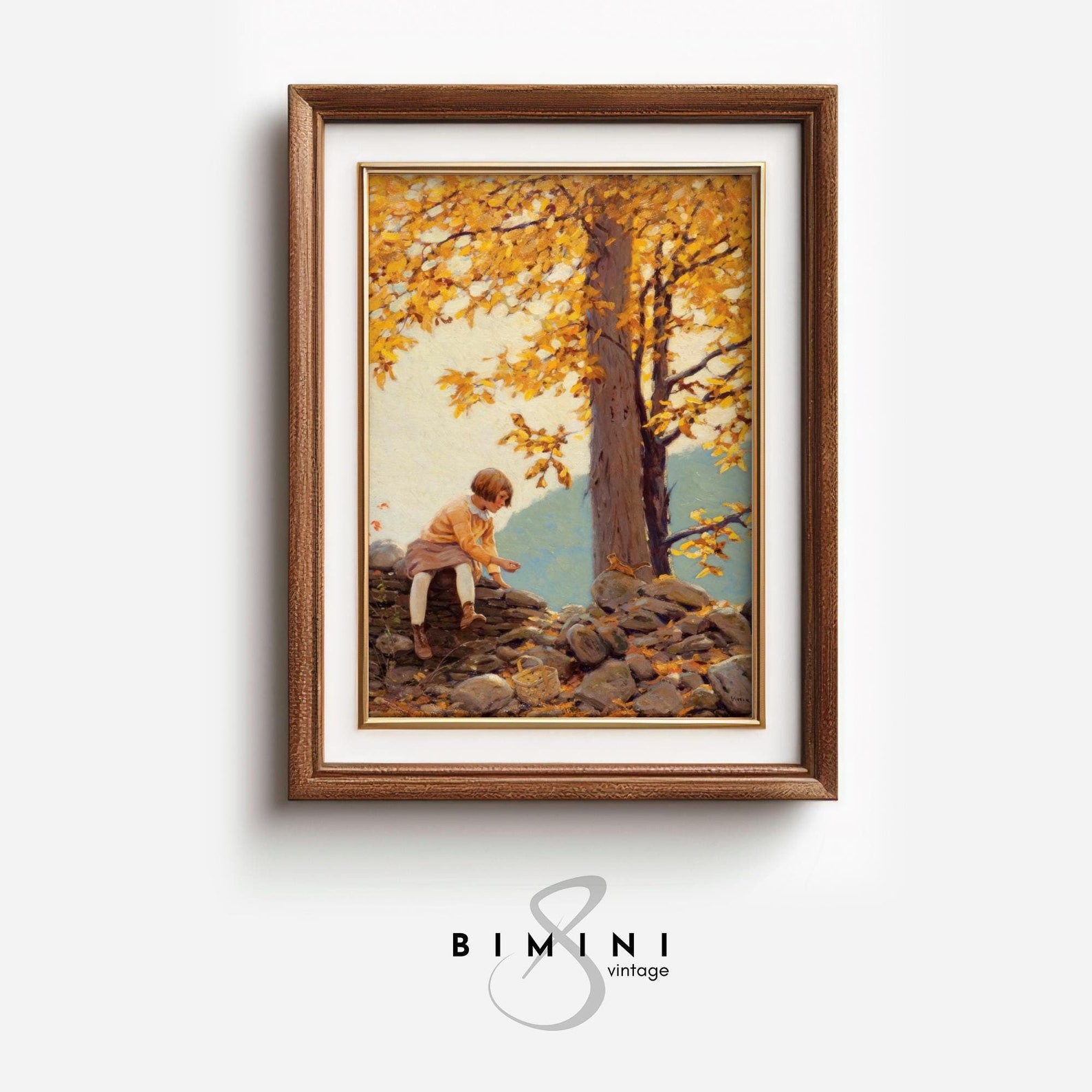 Autumn Scene Girl Feeding Chipmunk Vintage 1920s Illustration, Victor C ...