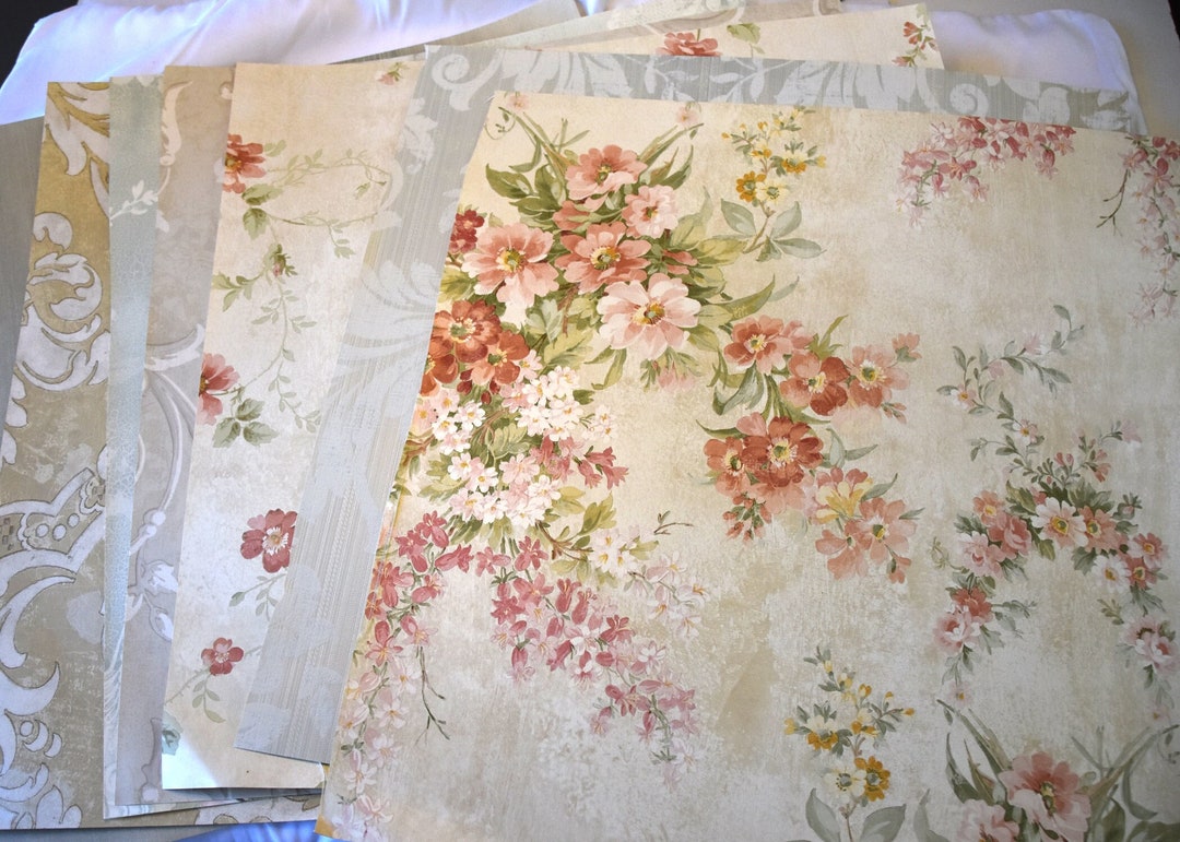 7 Xlarge Vintage Wallpaper Samples ,16x16, Old Roses, Cream & Light ...