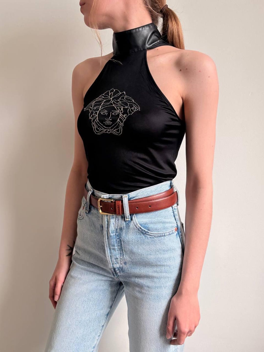VERSACE JEANS COUTURE 90s Medusa Logo High Neck Top/ Leather Collar ...