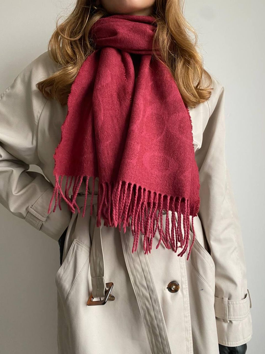 COACH Women Monogrammed Wool Scarf/ Logo Burgundy Scarves/ Fringe Shawl ...