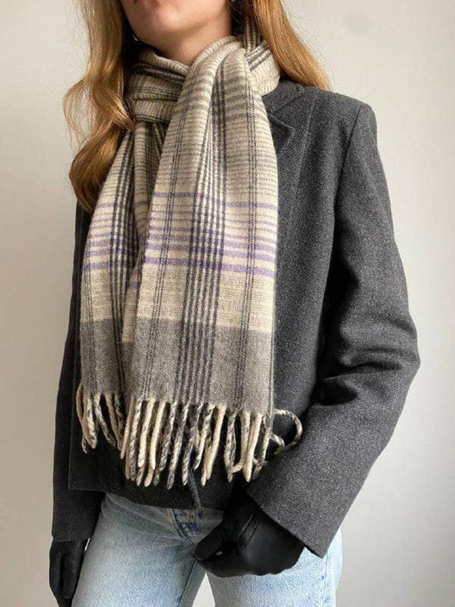 GIANNI VERSACE 80s Plaid Wool Scarf/ Ivory Gray Purple Fringe Scarves ...