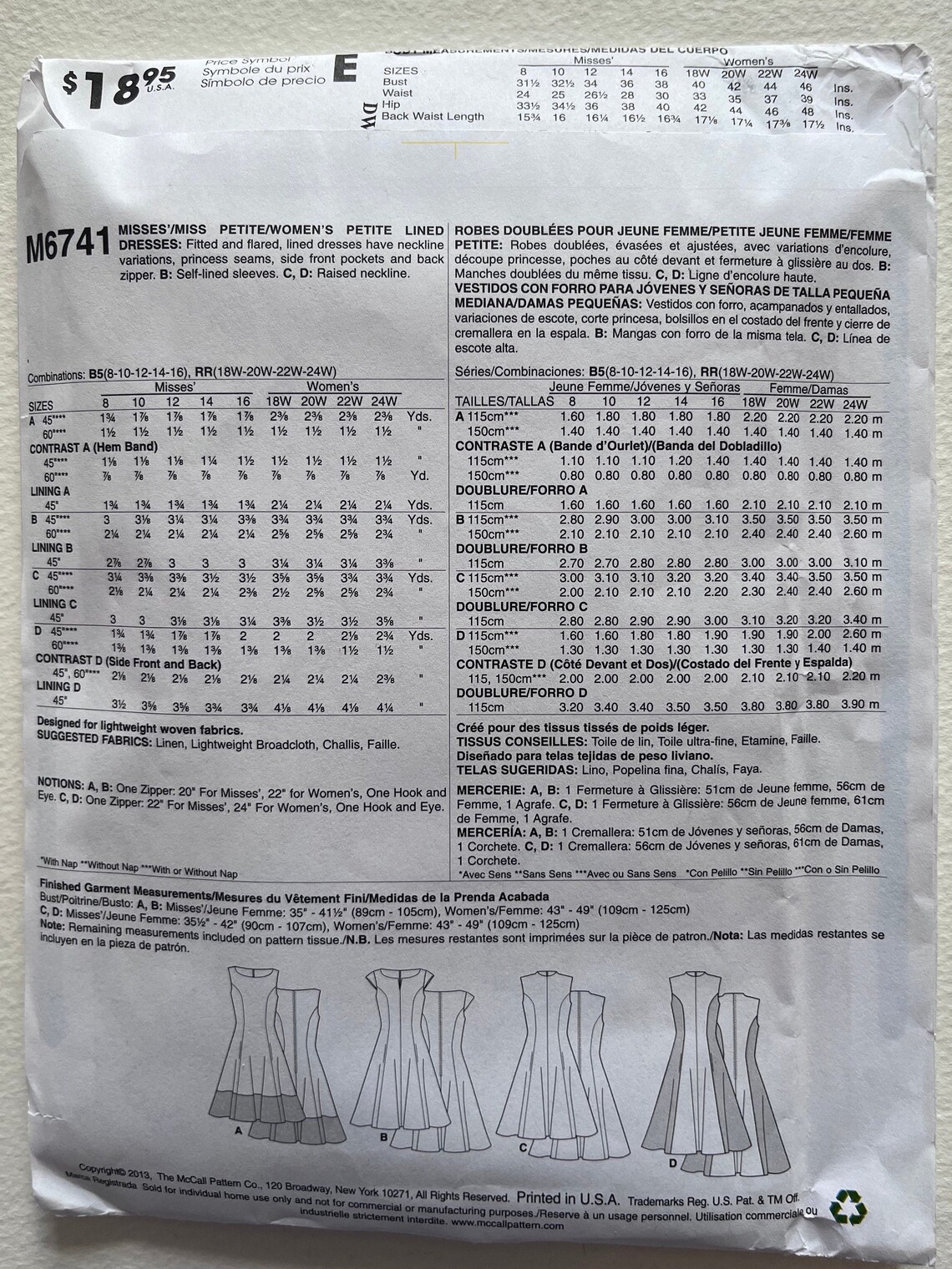 Mccalls 6741 Sewing Pattern Dress UNCUT Brand New Sizes 18, 20, 22, 24 ...