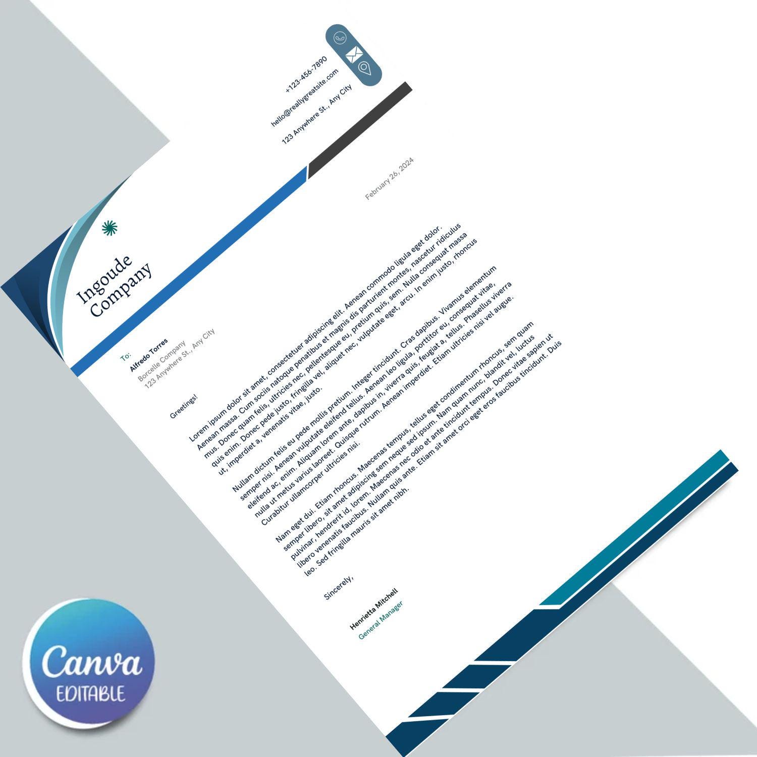 Business Letterhead Template Canva Editable, Custom Company Letterhead ...