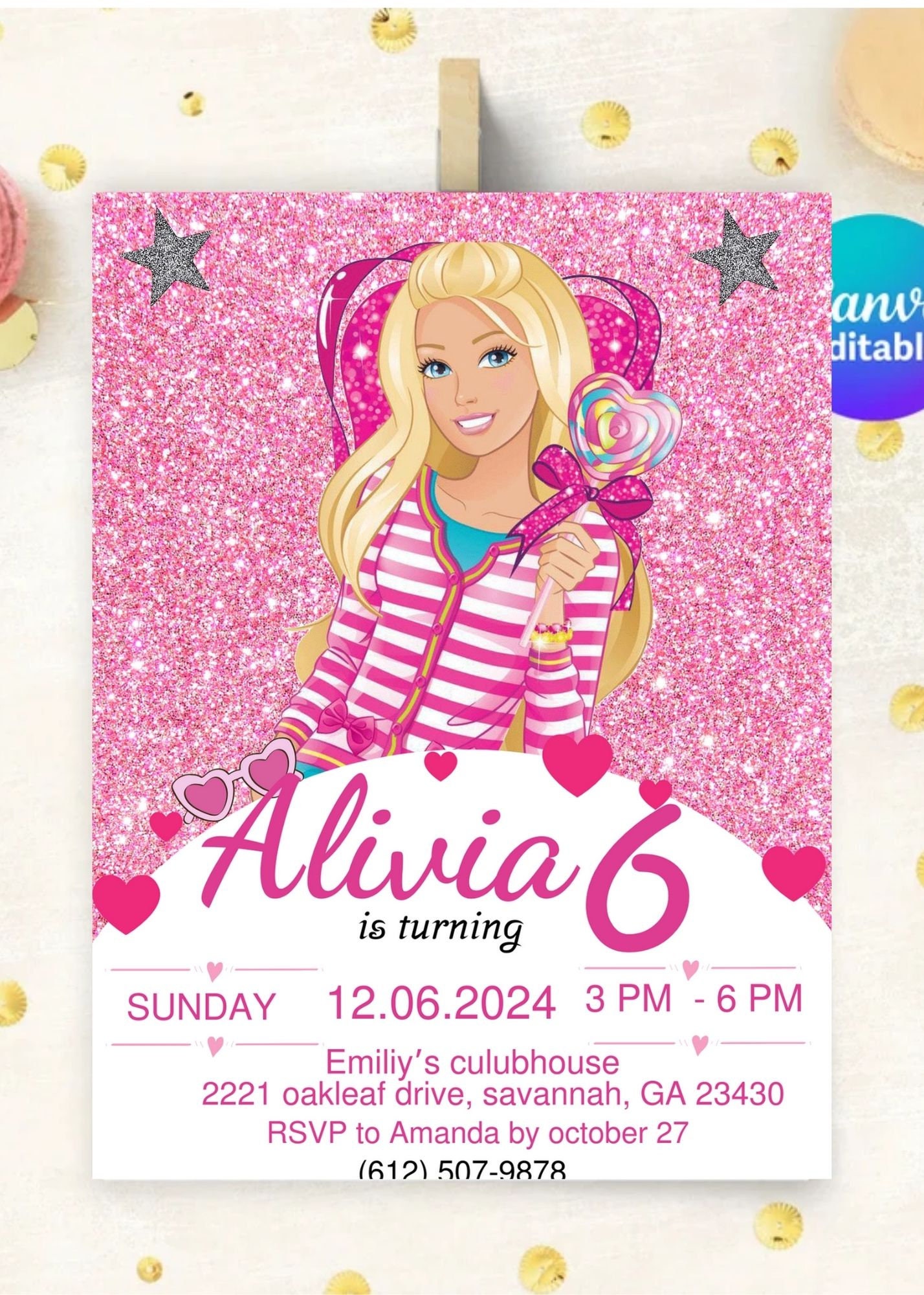 Editable Fashion Doll Party Invitation, Barbie Girl Party Invite, Girls ...