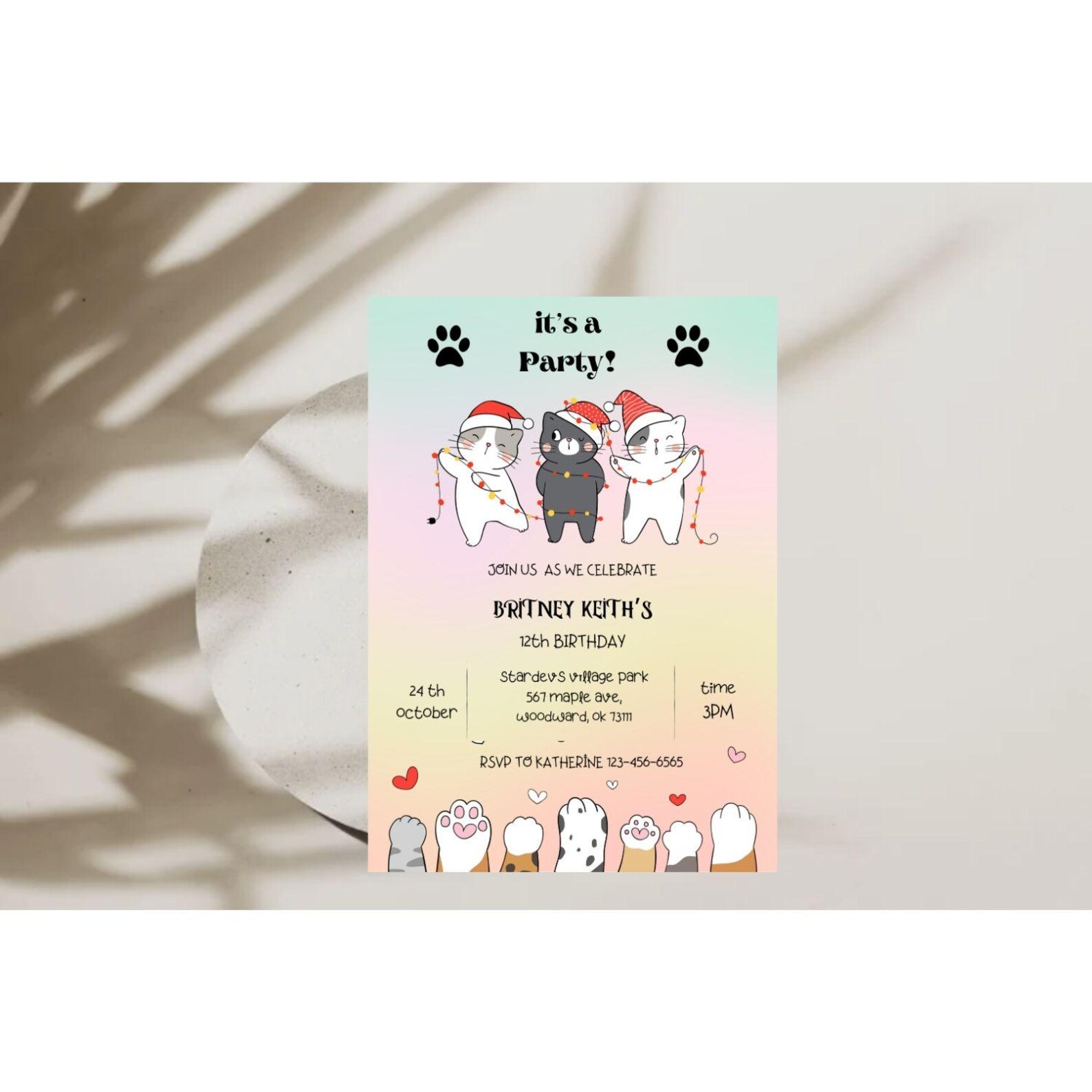 Cat Birthday Invitation, Printable Kitten Invite, Digital Invitation ...