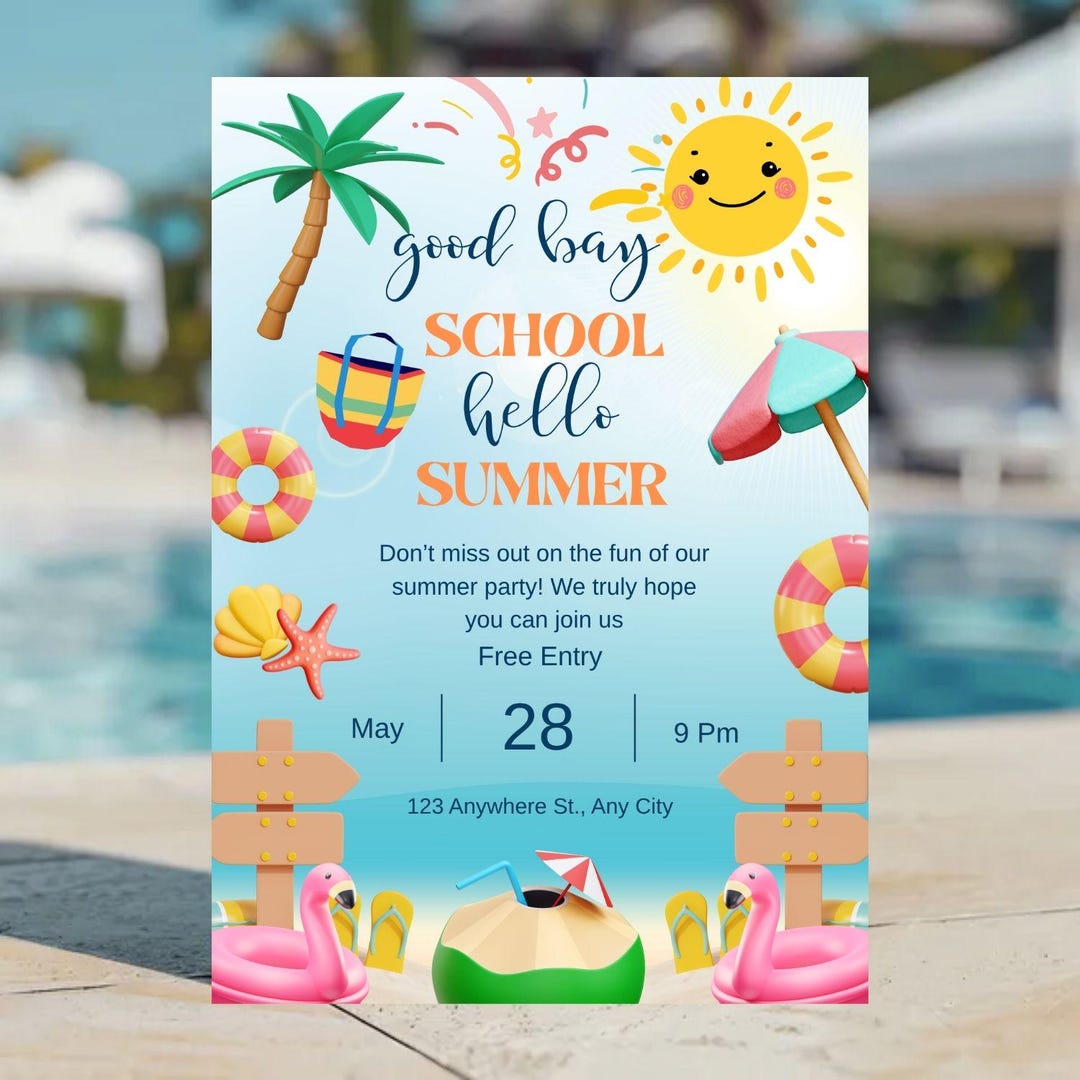 Goodbye School Hello Summer Invitation End of School Party Invite Sun ...