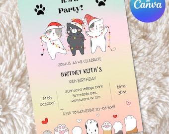 Cat Birthday Invitation, Printable Kitten Invite, Digital Invitation ...