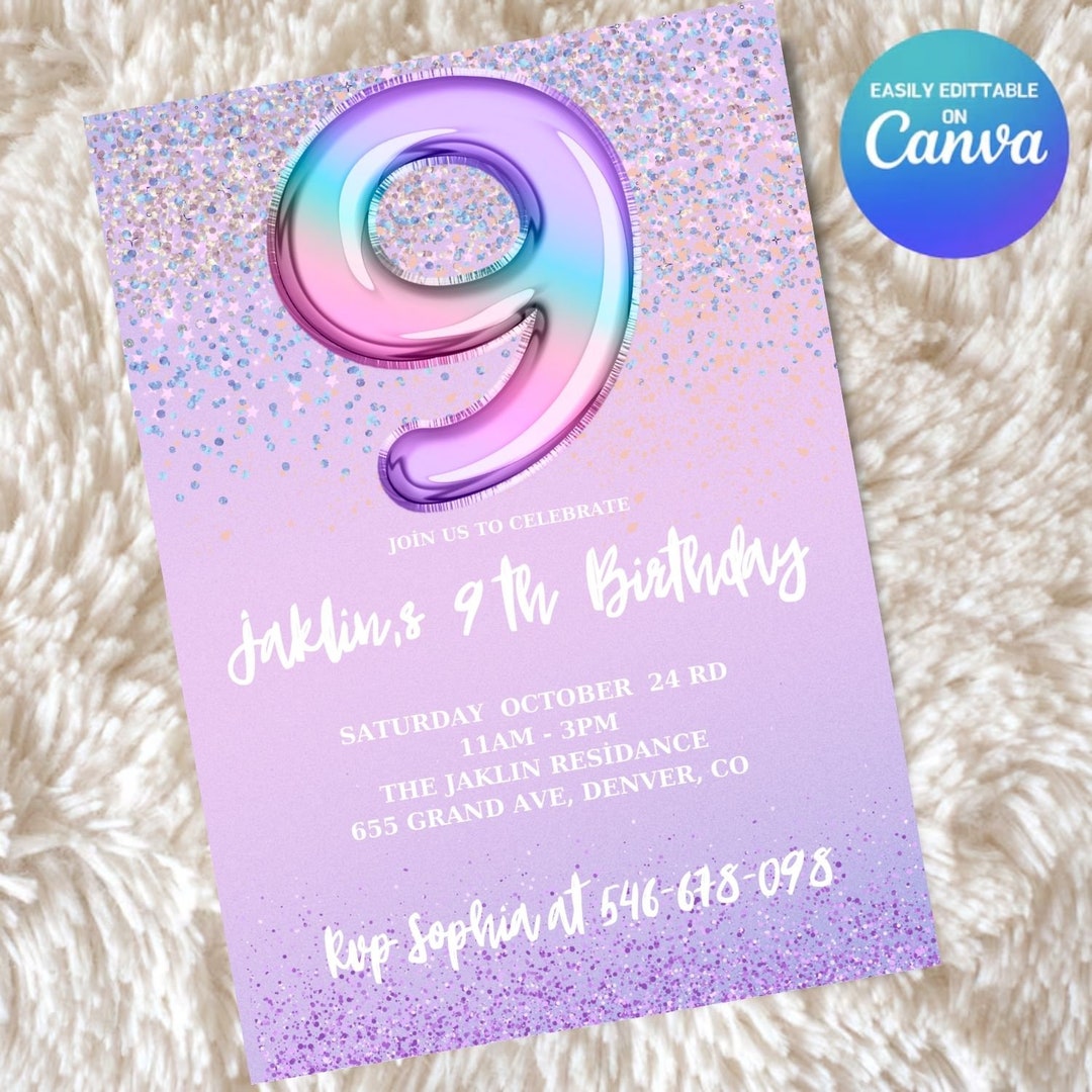 Editable Purple 8th Birthday Invitation Glitter Birthday Party Invite ...