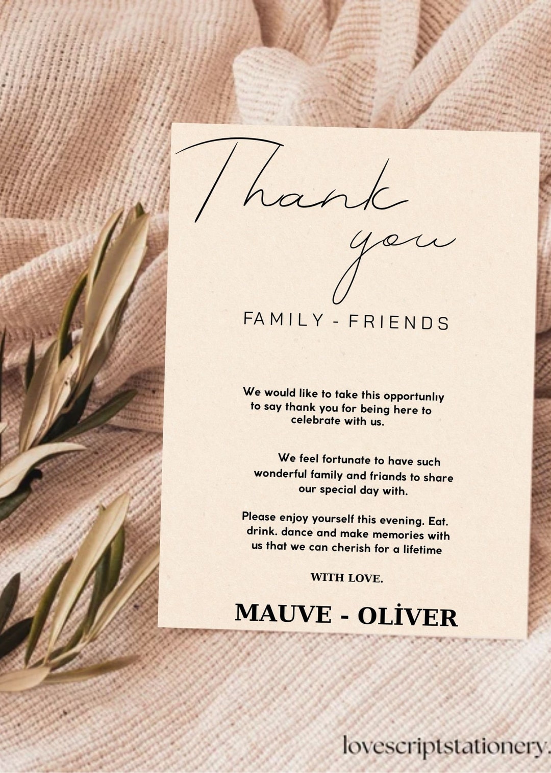 Minimalist Thank You Place Card, Thank You Napkin Note, Printable Thank ...