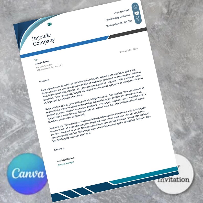 Business Letterhead Template Canva Editable, Custom Company Letterhead ...