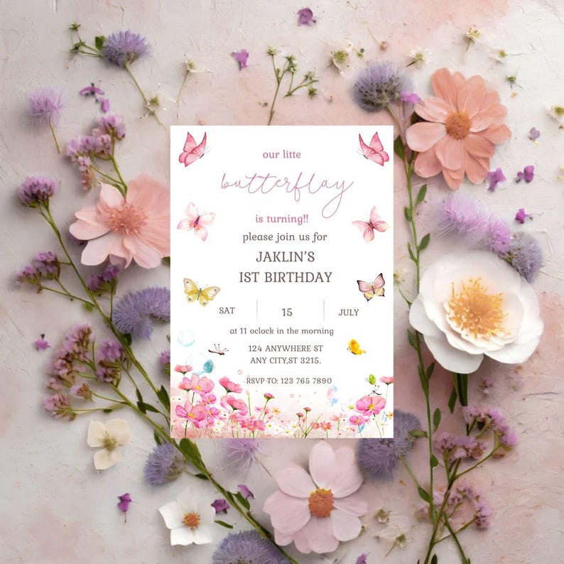 Butterfly Birthday Invitation, 1st Birthday Invite, Floral Butterfly ...
