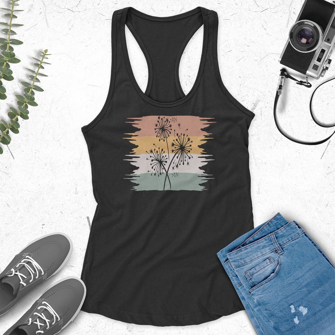 Boho Look Flower on Brush Strokes Tank Top, Black Silhouette Flower ...