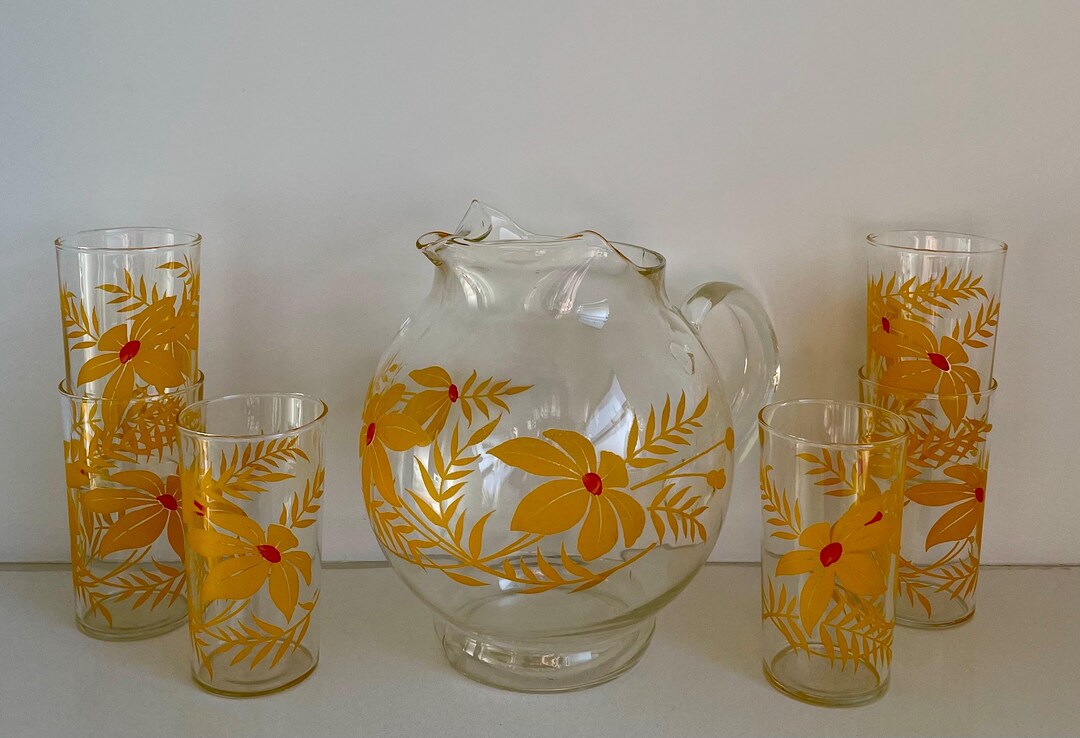 1960's Vintage Retro Glass Pitcher With 6 Glasses - Etsy