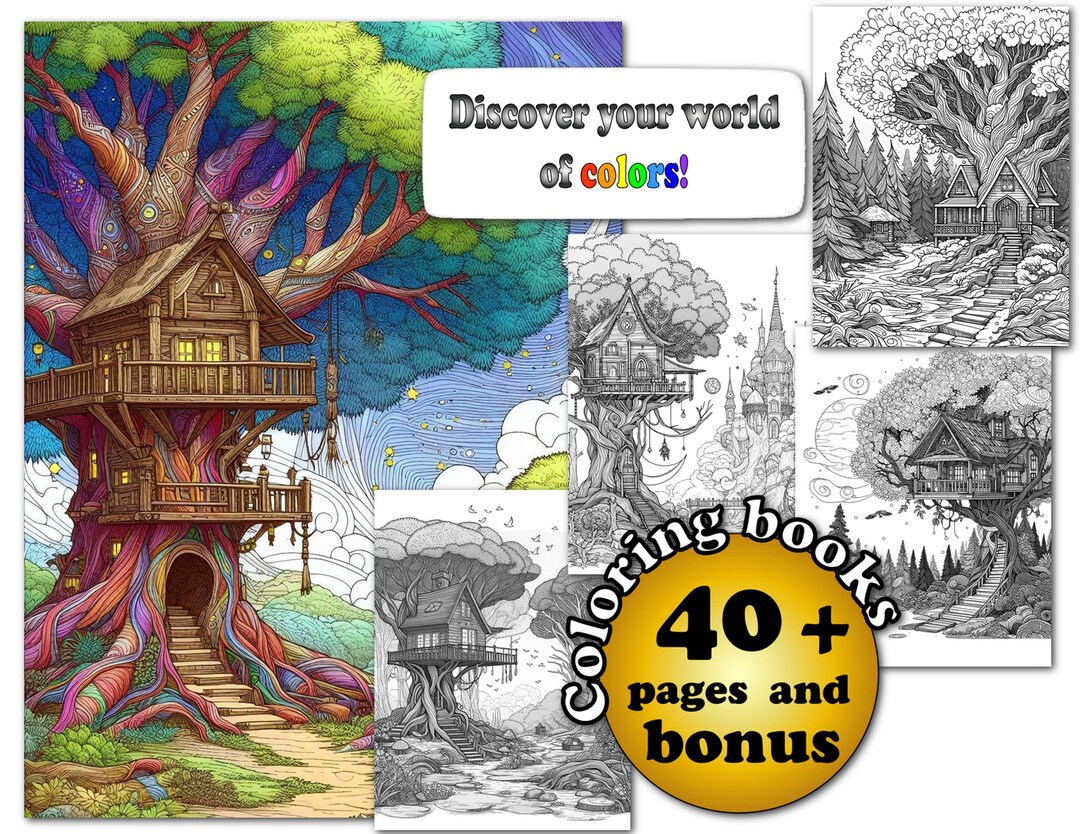 Fantasy Tree House COLORING BOOK Digital Download Fantastic House Tree ...