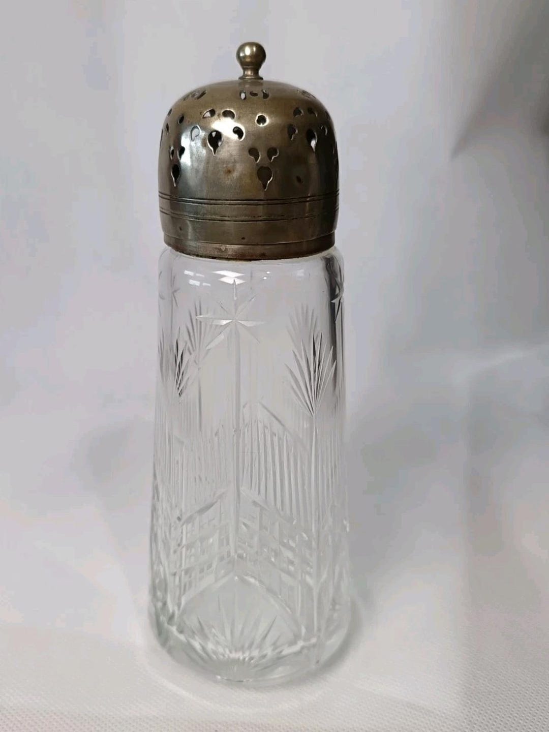 Vintage Cut Glass Sugar Shaker – Star & Fan Pattern, Worn Silver Plate ...