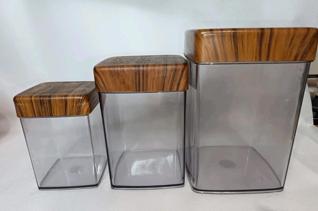 Vintage Caleppio Italy Storage Containers X3 Teak Effect Smoked Acrylic ...