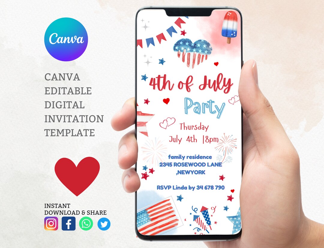 4th of July Invitation Canva Template Editable Evite, Fourth of July ...