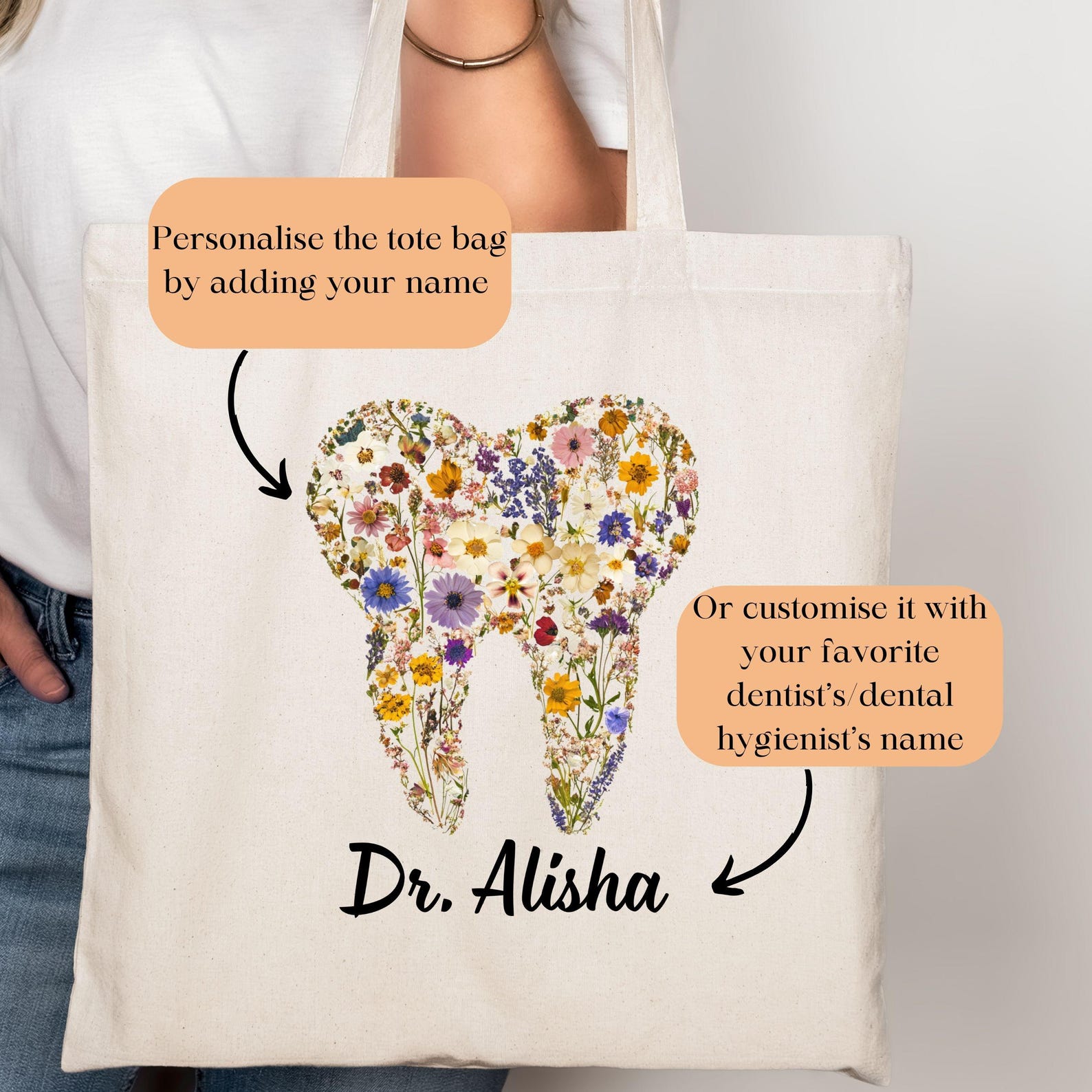 Pressed Flowers Tote Bag, Gift for Dental Assistant, Dental Hygienist ...