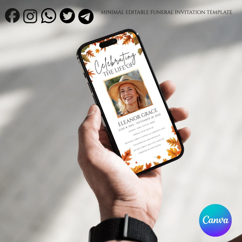 Funeral Invitation Template Canva, Fall Autumn Celebration of Life ...