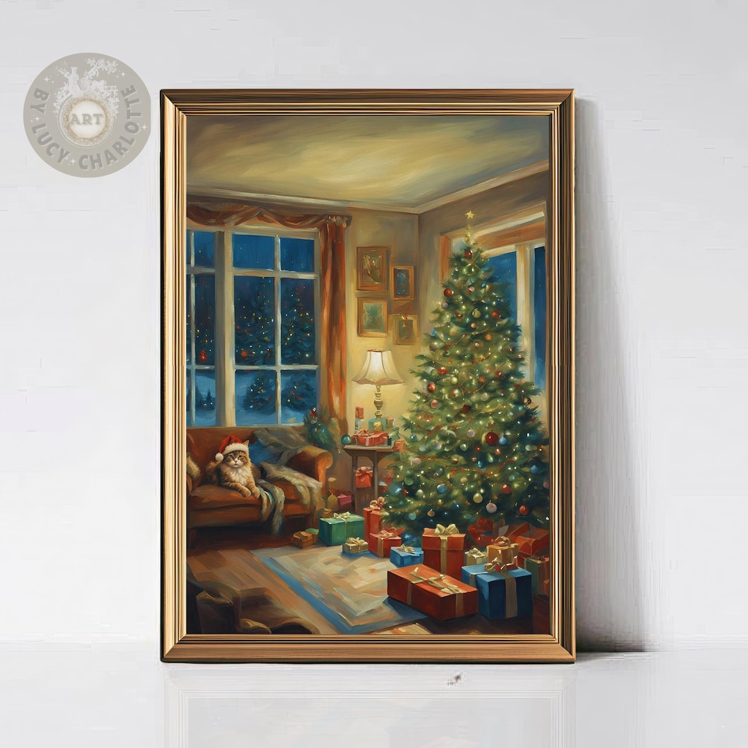 Cat and Christmas Tree Printable, Christmas Kitten Wall Art, Christmas ...