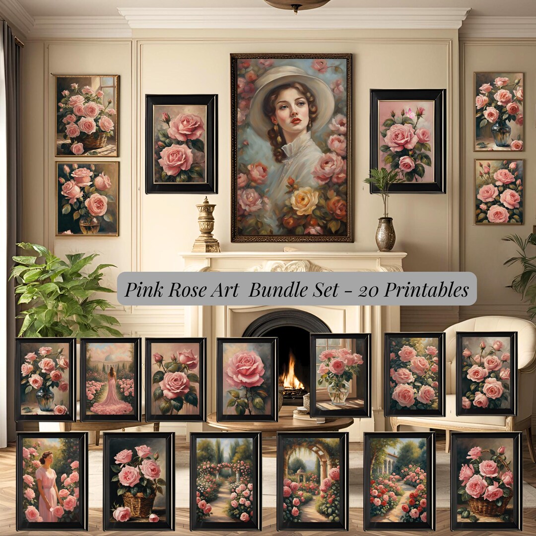 Pink Rose Art Bundle Set 20 Printables, Pink Rose Wall Art, Pink Rose ...