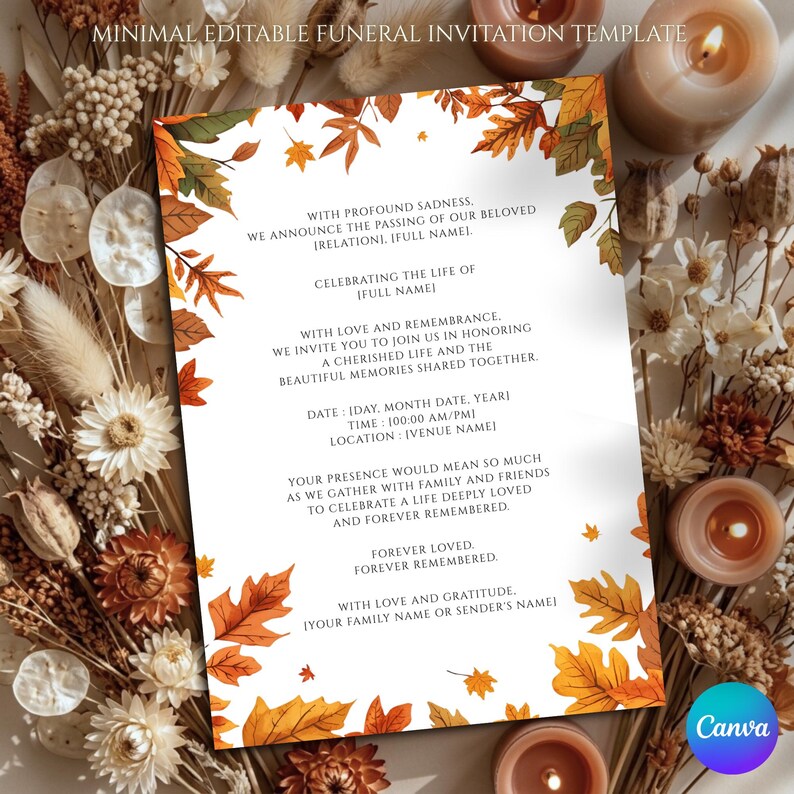 Funeral Invitation Template Canva, Fall Autumn Celebration of Life ...