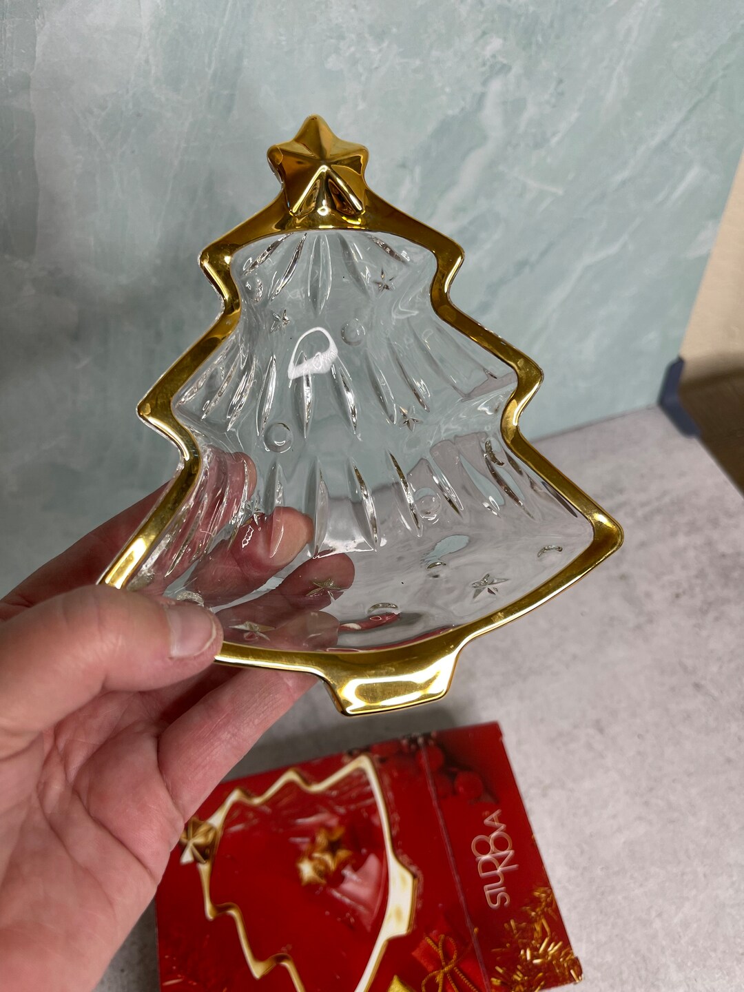 Vintage Studio Nova Mikasa Clear Glass Christmas Tree Gold Trim Candy ...