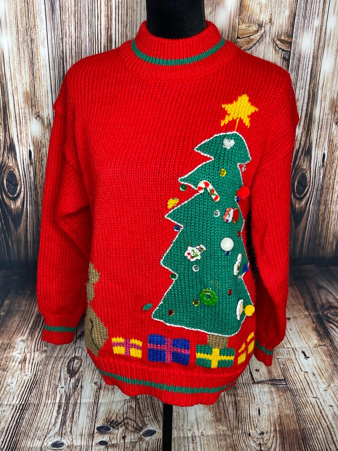 Vintage Share the Joy 80s Christmas Sweater With Wooden Ornaments Tree ...