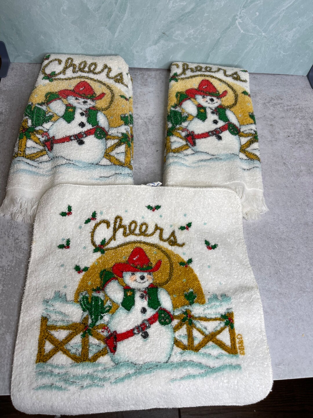 Rare Vintage Cowboy Western Snowman Christmas Fringed Hand Towel ...
